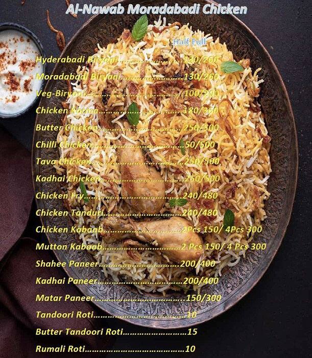 Menu of Al-Nawab Moradabadi Chicken, Sohna Road, Gurgaon