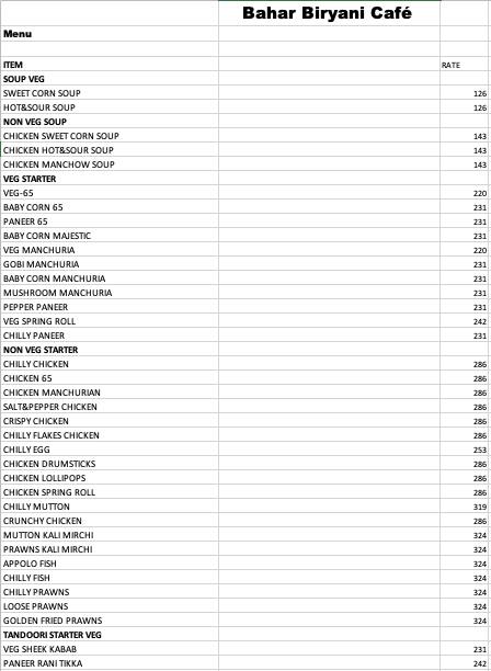 Menu at Bahar Biryani Cafe Ameerpet, Hyderabad