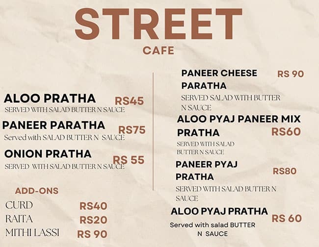 Menu of Street Cafe, Karkardooma, New Delhi