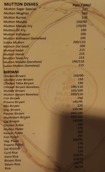 Menu of Sagar Restaurant & Bar, Mahim, Mumbai