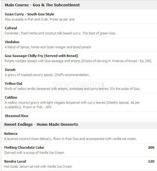 Menu at Baker's Den, Mumbai