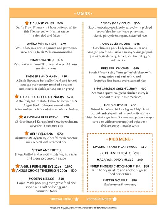 Menu at Draft Restaurant Brewery, Makati