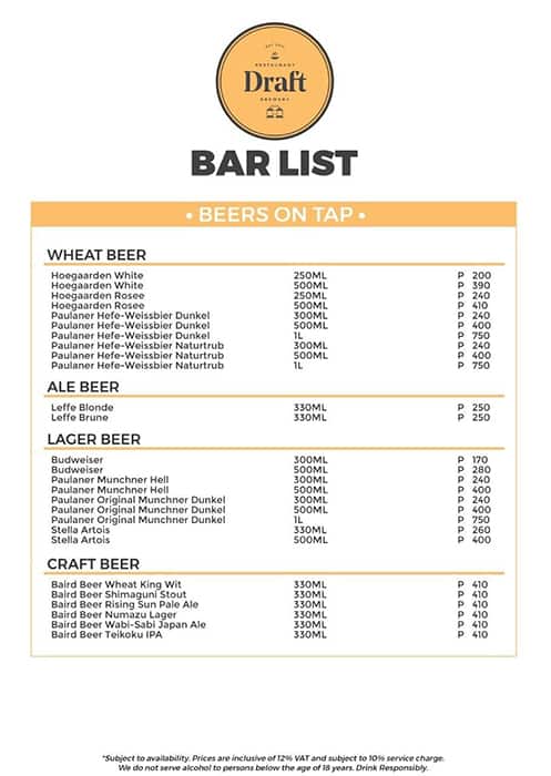 Menu At Draft Pub And Bar Pasig