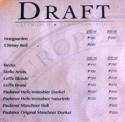 Menu at Draft Gastropub, Makati, Rockwell Drive cor. Estrella Street
