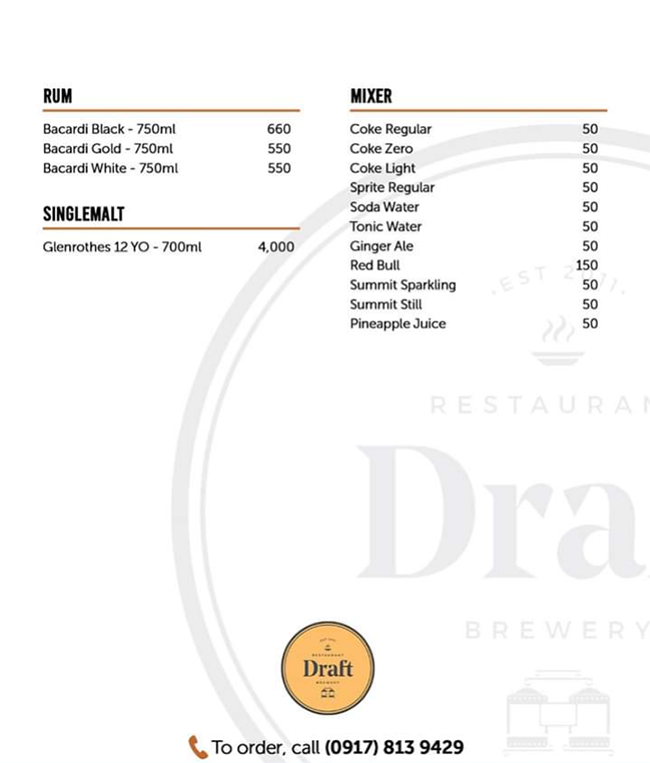 Menu at Draft pub & bar, Pasig