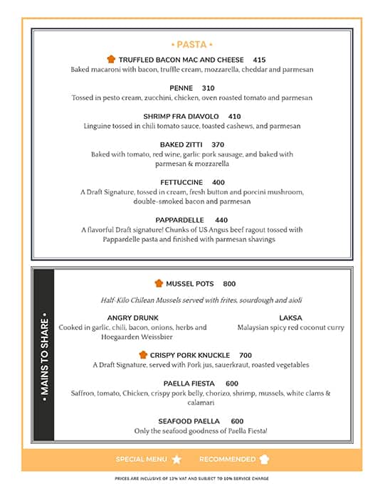 Menu at Draft pub & bar, Pasig