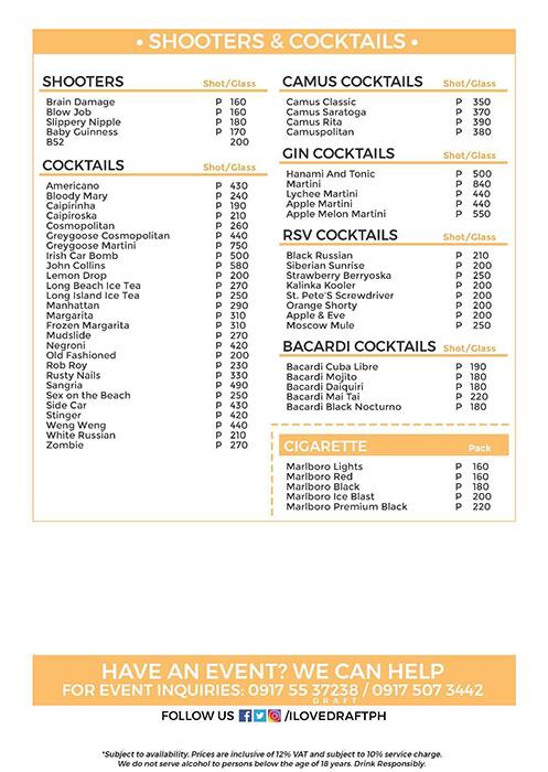 Menu at Draft Restaurant Brewery, Makati