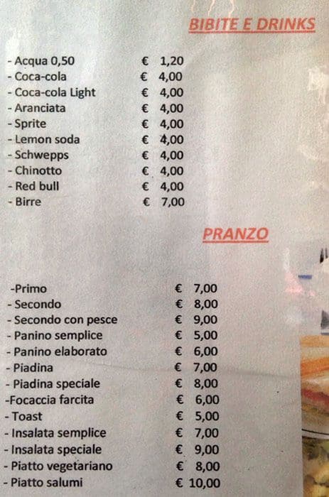 Menu at Santa Tecla Cafe, Milan, Via Santa Tecla