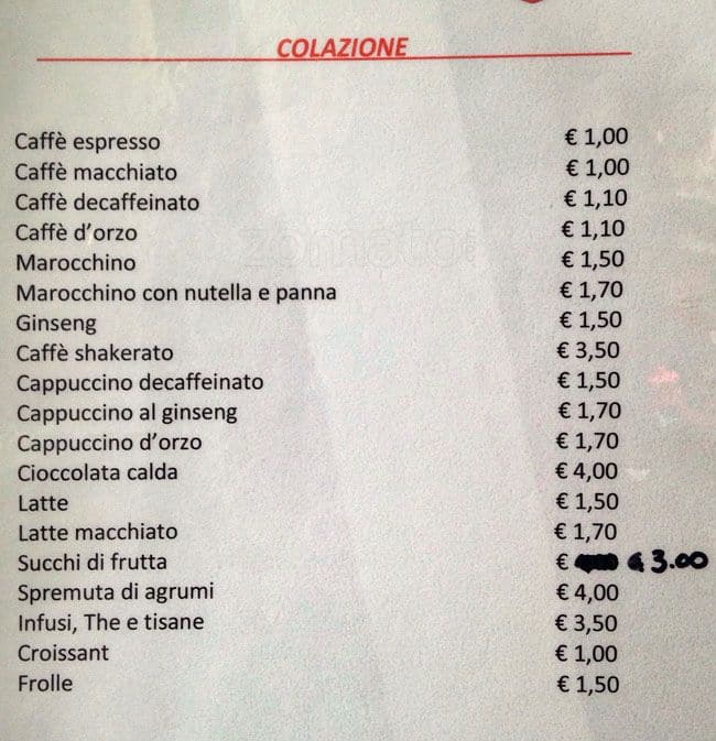 Menu at Santa Tecla Cafe, Milan, Via Santa Tecla