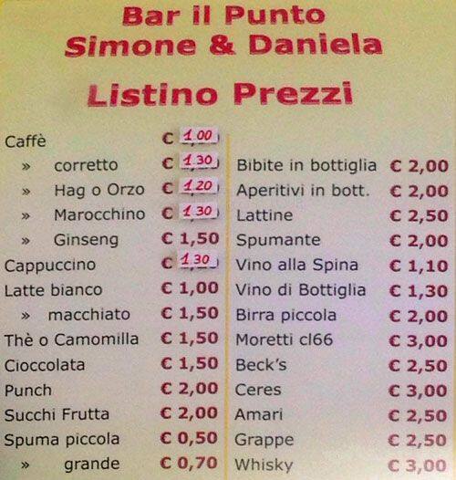 Menu da Bar Il Punto, Milano, Via Sebenico