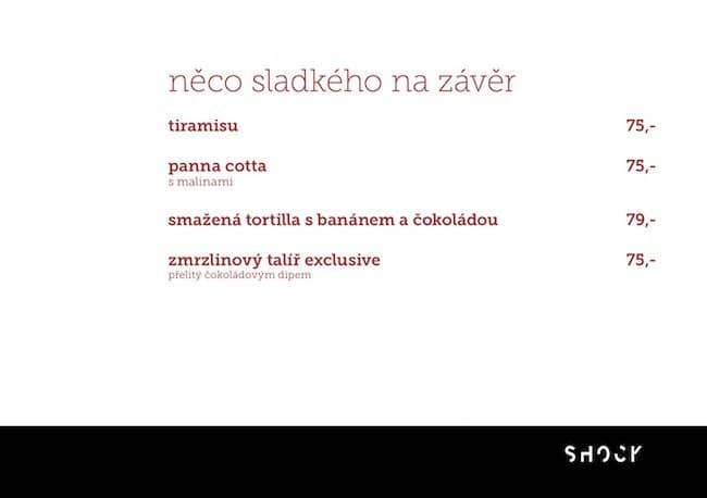 Menu at SHOCK BAR, Kladno