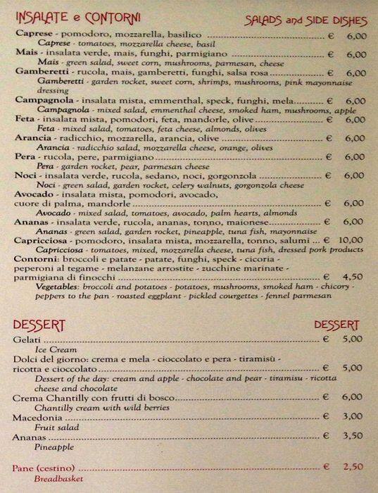 Menu at Trattoria Valentino restaurant, Rome
