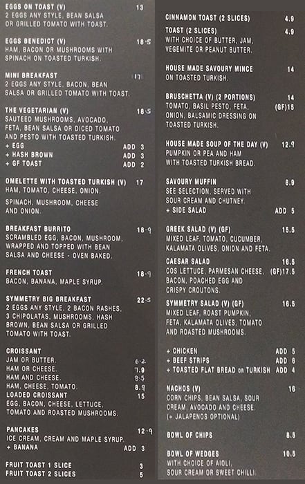 Menu at Symmetry Café restaurant, Carindale