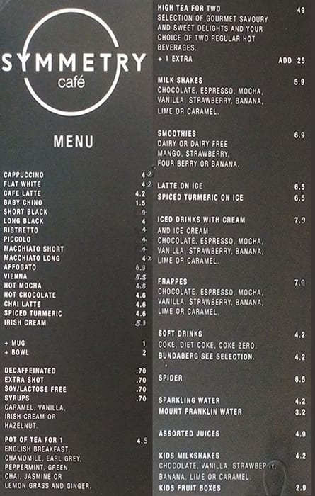 Menu at Symmetry Café restaurant, Carindale