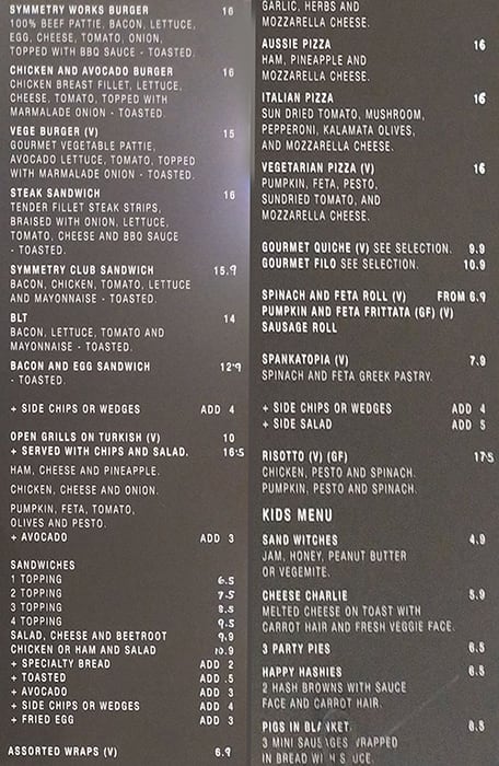 Menu at Symmetry Café restaurant, Carindale