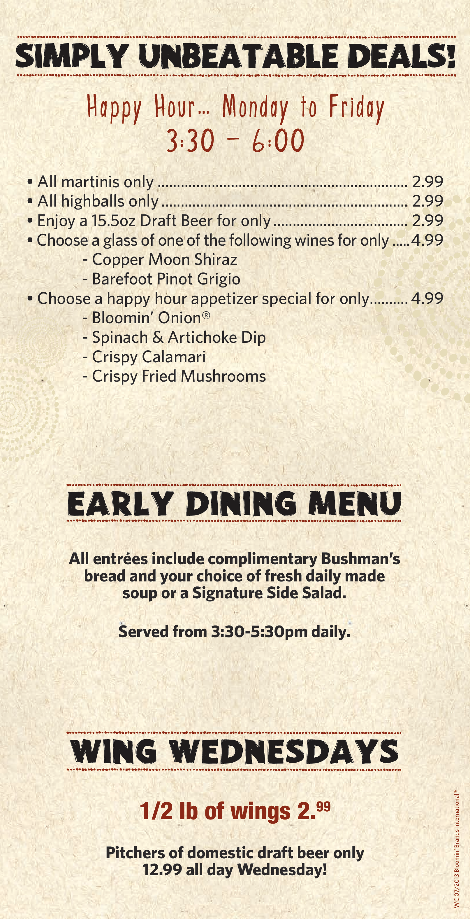 Menu at Outback Steakhouse, Edmonton, 137 Avenue