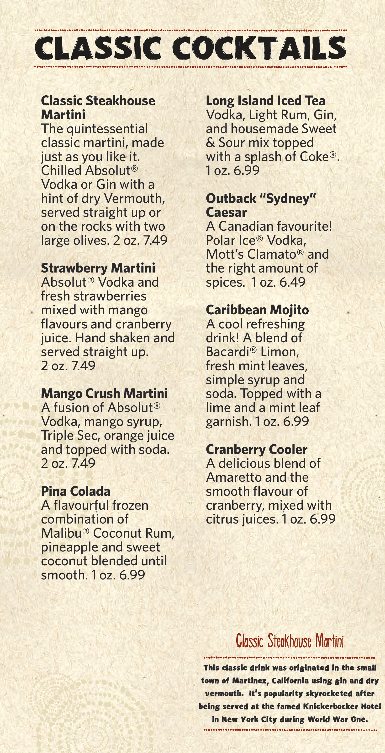 Menu at Outback Steakhouse, Edmonton, 137 Avenue