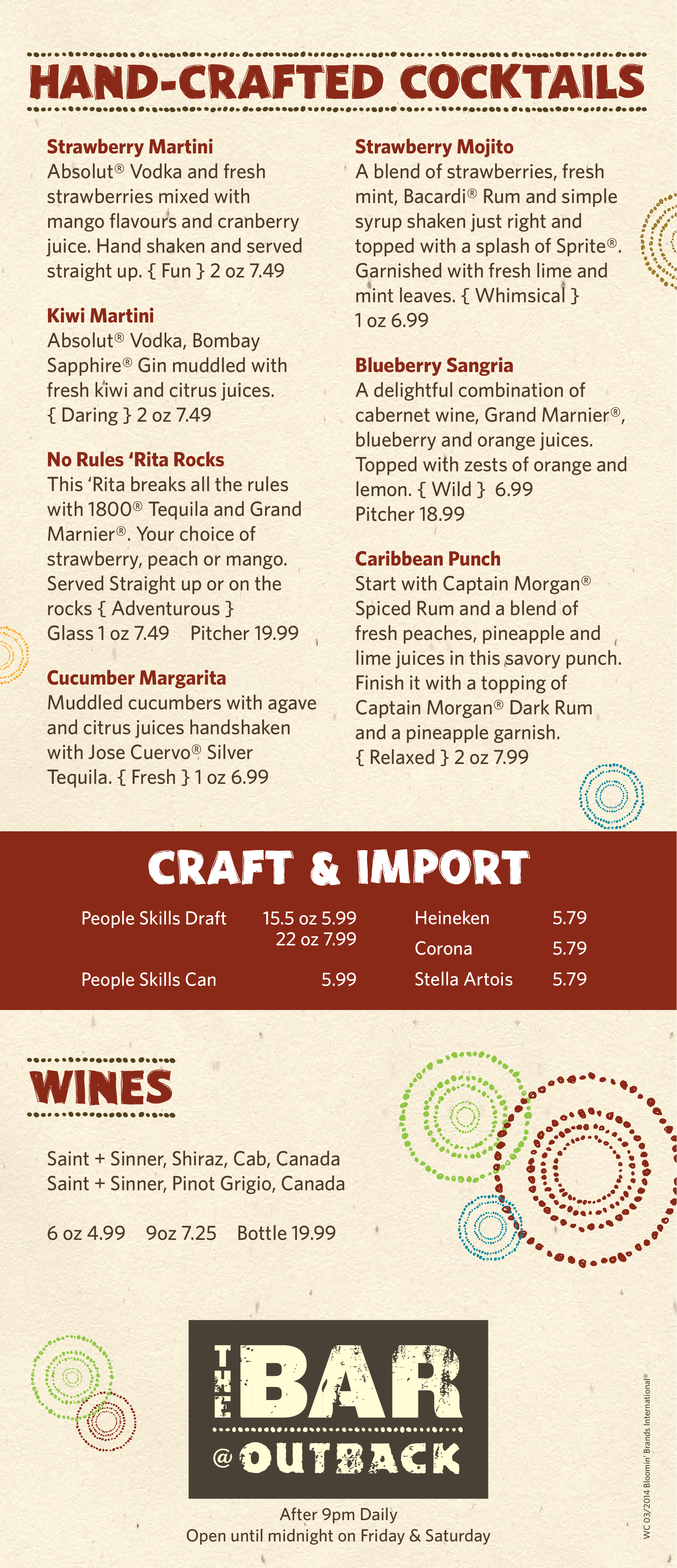 Menu at Outback Steakhouse, Edmonton, 137 Avenue