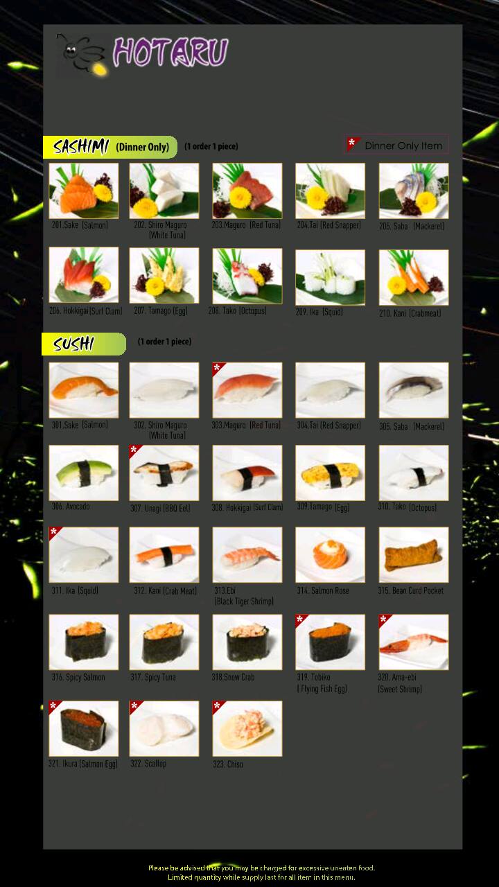 Menu au Hotaru Sushi restaurant, Hamilton, Main St W
