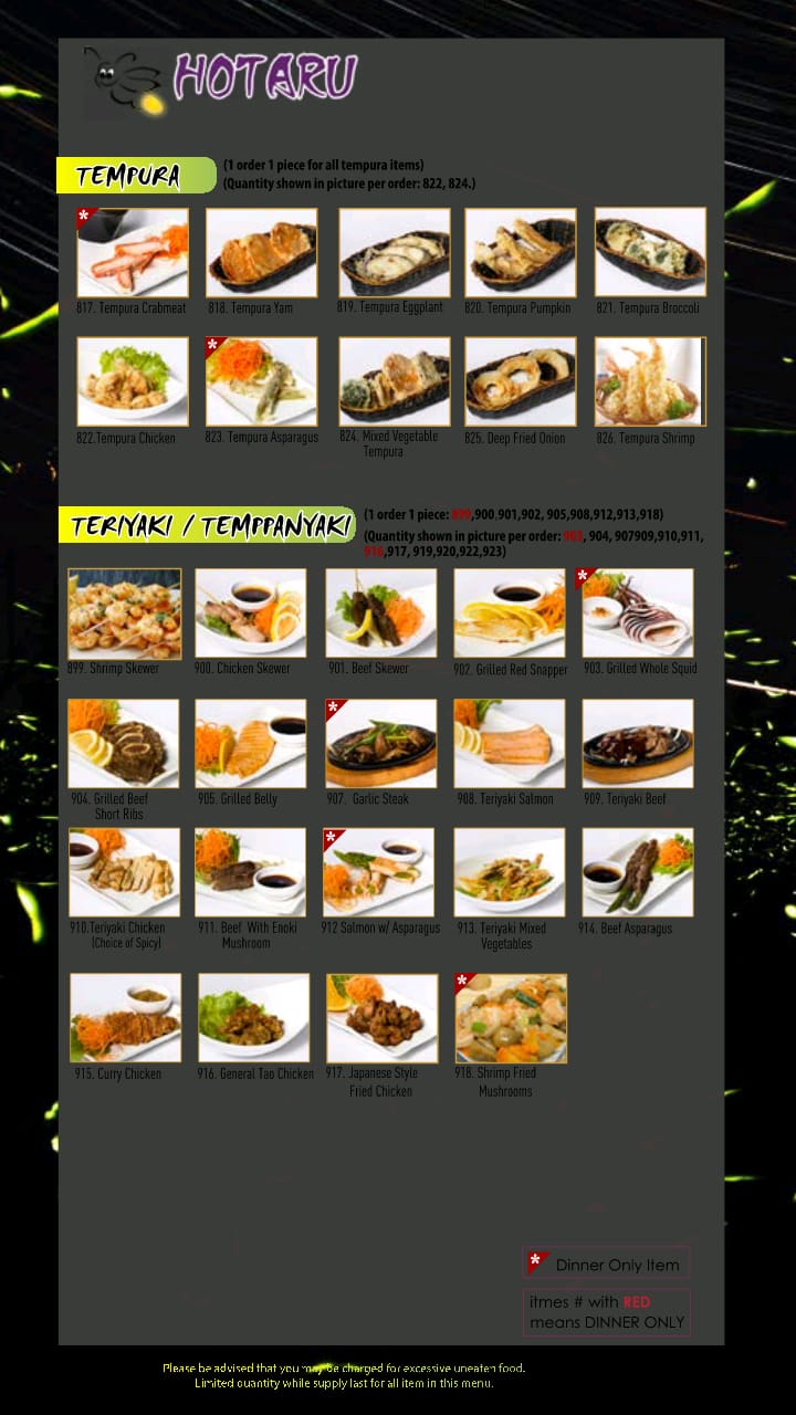 Menu au Hotaru Sushi restaurant, Hamilton, Main St W