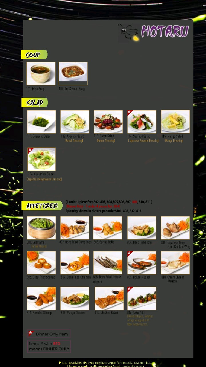 Menu au Hotaru Sushi restaurant, Hamilton, Main St W