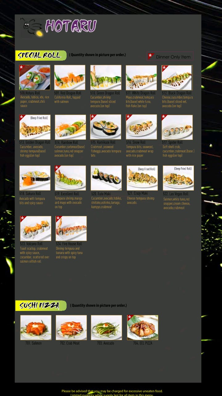 Menu au Hotaru Sushi restaurant, Hamilton, Main St W