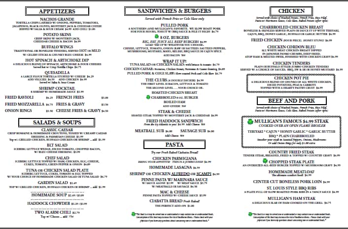 Menu at Mulligan's restaurant, Biddeford