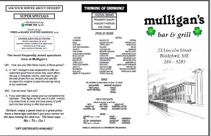 Menu at Mulligan's At Mill Side Live pub & bar, Biddeford
