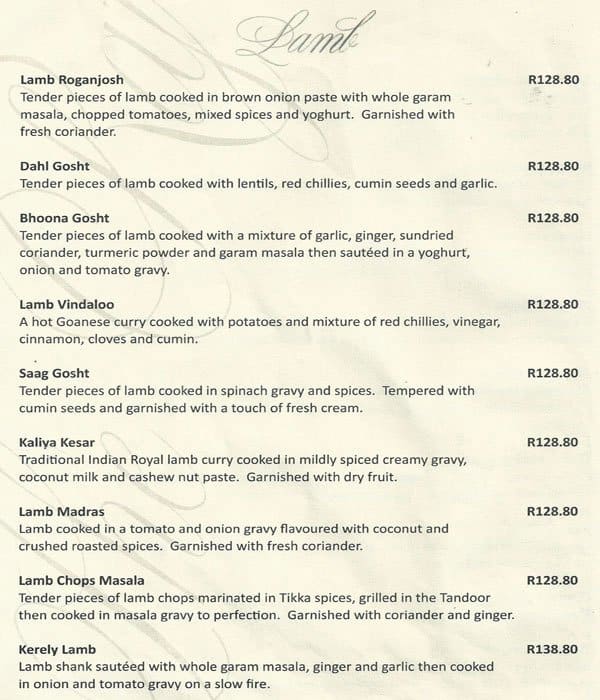 Menu at The Raj - Sun City restaurant, Sun City