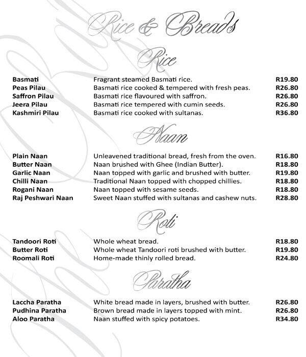 Menu at The Raj - Sun City restaurant, Sun City
