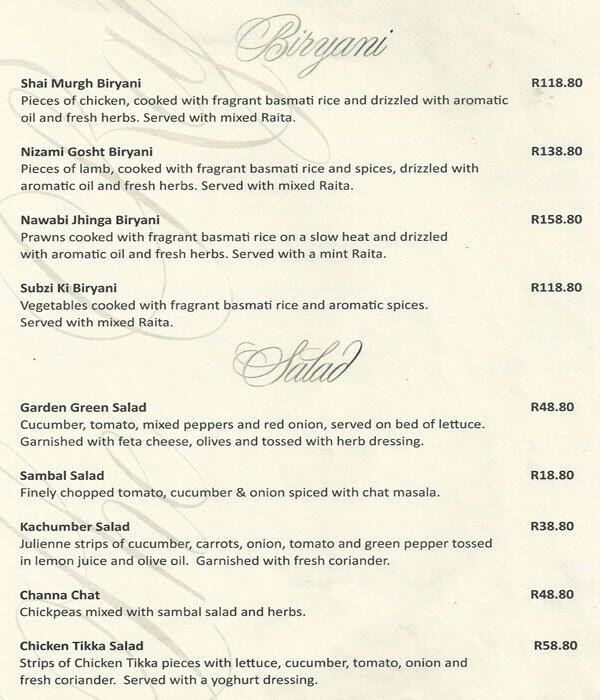 Menu at The Raj - Sun City restaurant, Sun City