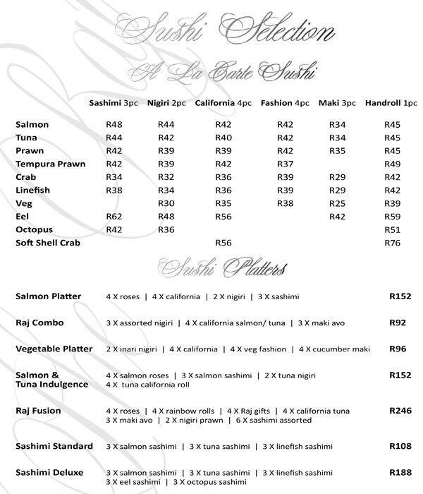 Menu at The Raj - Sun City restaurant, Sun City