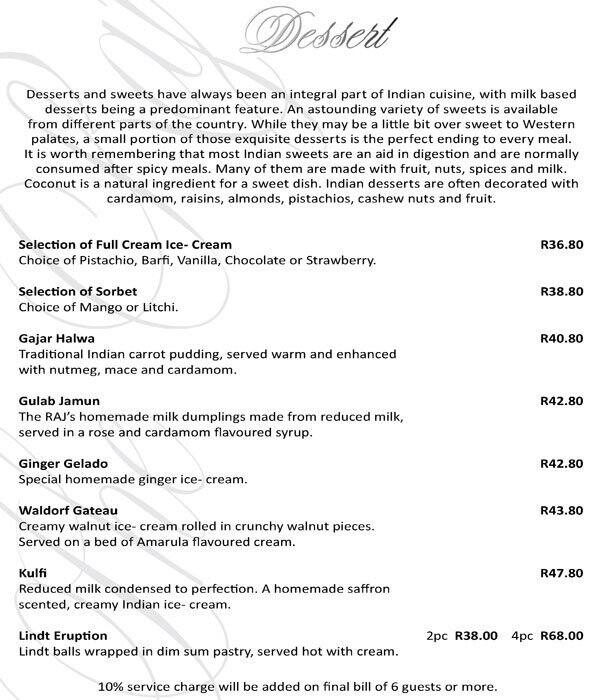 Menu at The Raj - Sun City restaurant, Sun City