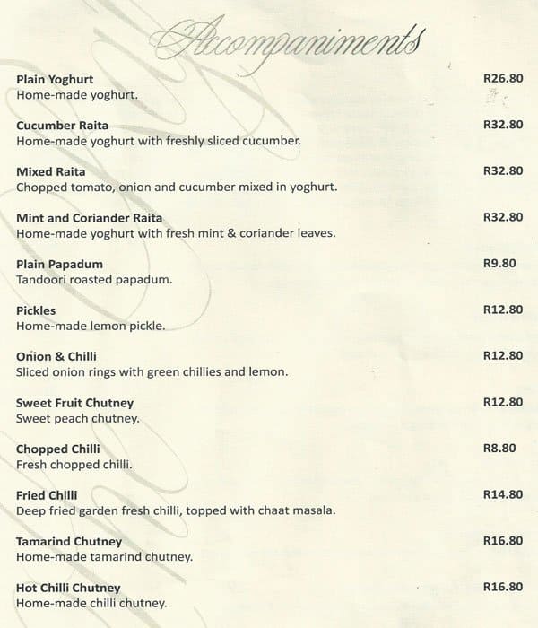 Menu at The Raj - Sun City restaurant, Sun City