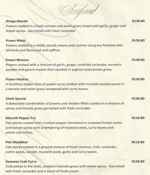 Menu at The Raj - Sun City restaurant, Sun City