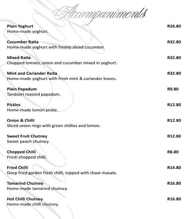 Menu at The Raj - Sun City restaurant, Sun City