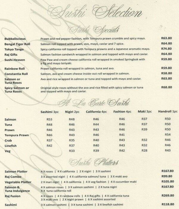 Menu at The Raj - Sun City restaurant, Sun City