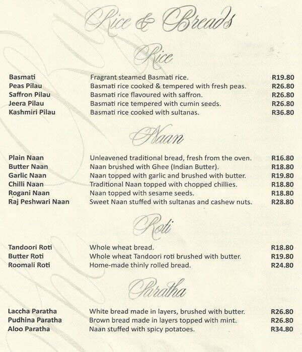 Menu at The Raj - Sun City restaurant, Sun City