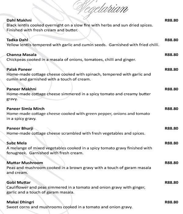 Menu at The Raj - Sun City restaurant, Sun City