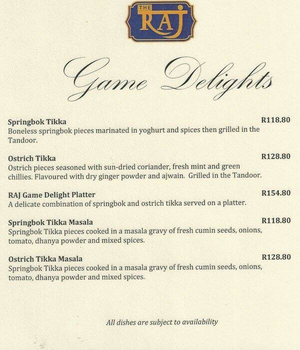 Menu at The Raj - Sun City restaurant, Sun City