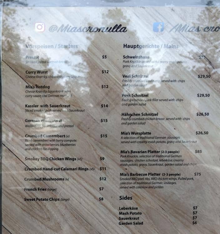Menu at Mia's Cronulla restaurant, Cronulla