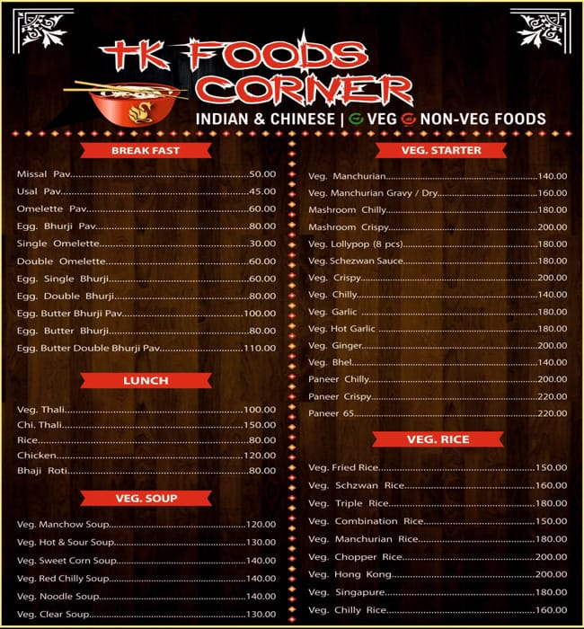 Menu of Tk Foods Corner, Mahakali, Mumbai