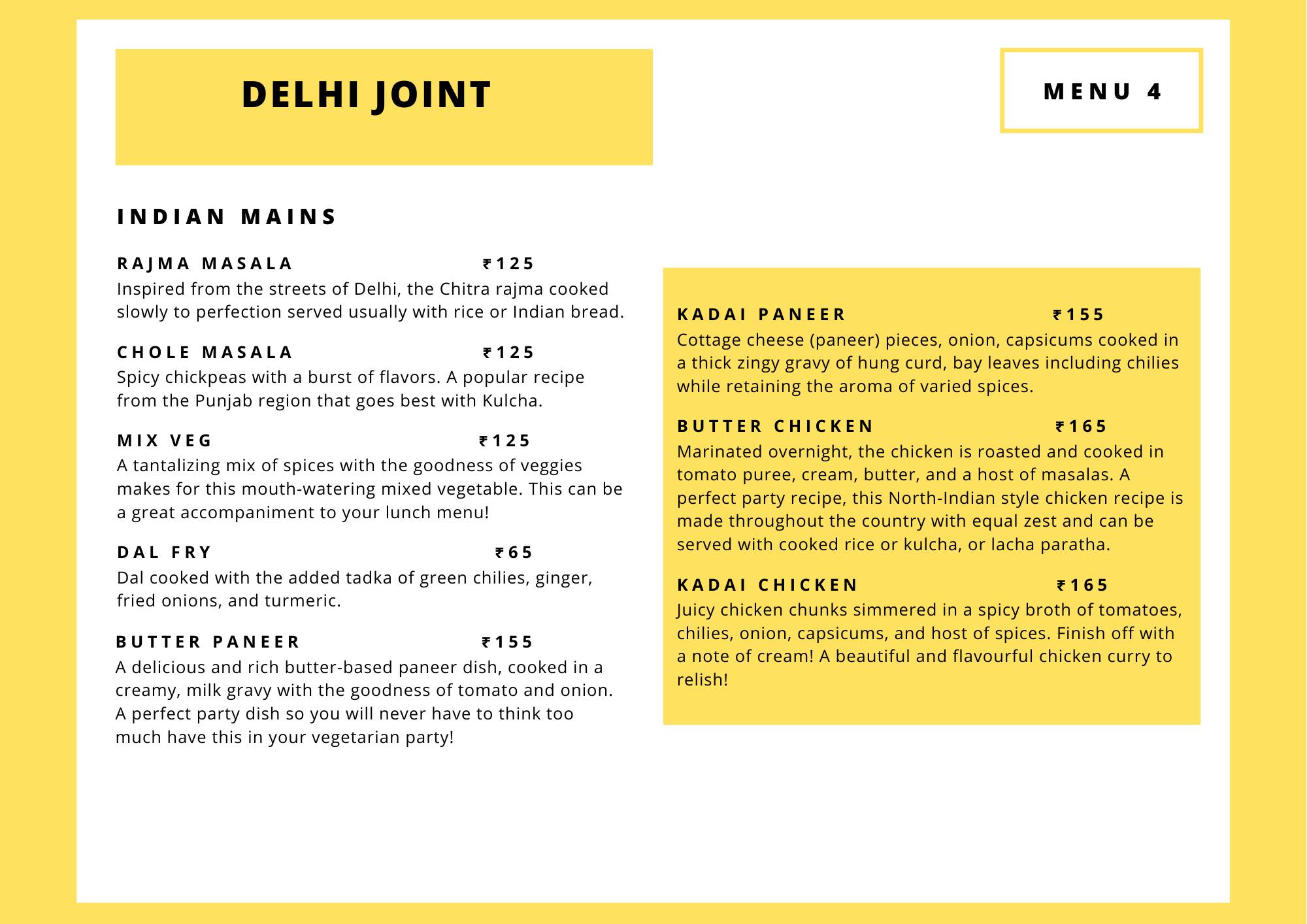 Menu at Delhi Joint, Bhubaneswar