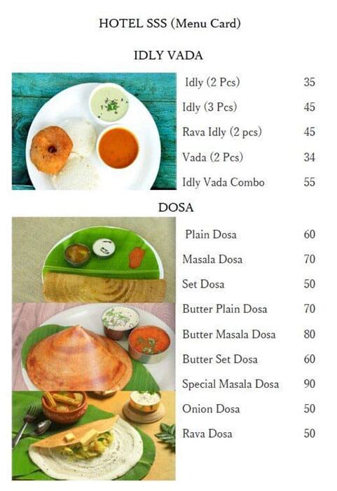 Menu of Hotel SSS, Bommanahalli, Bangalore