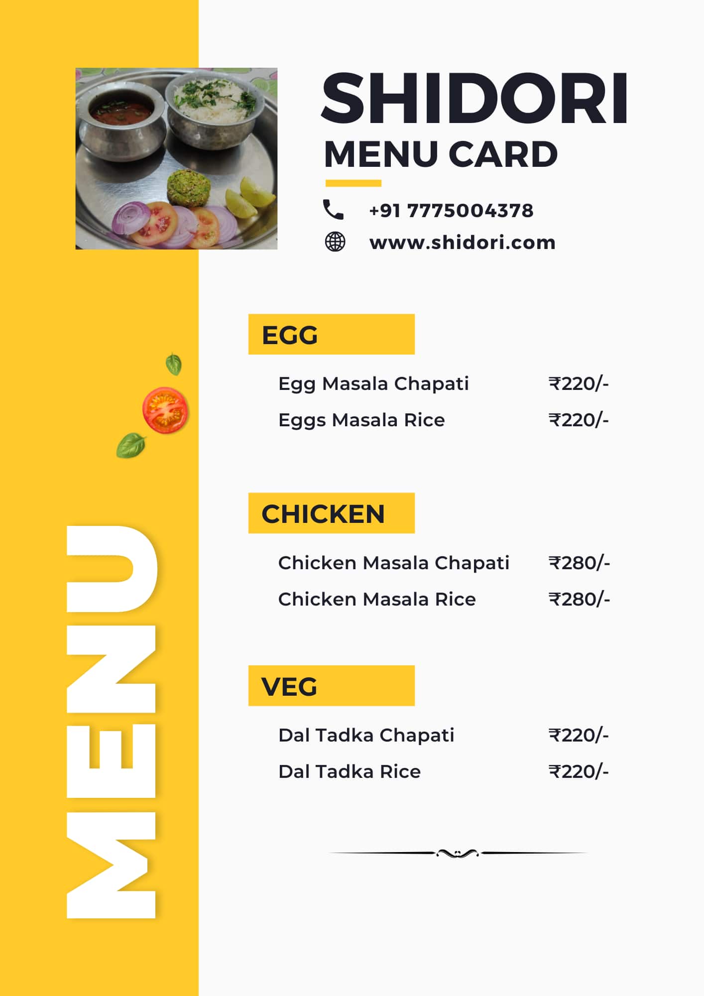 Menu of Shidori, Nigdi, Pune