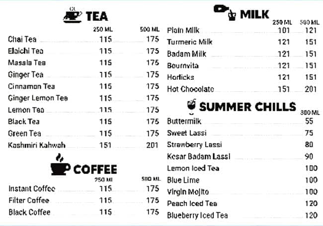 Menu of Tea Cafe, Sharadadevi Nagar, Mysore