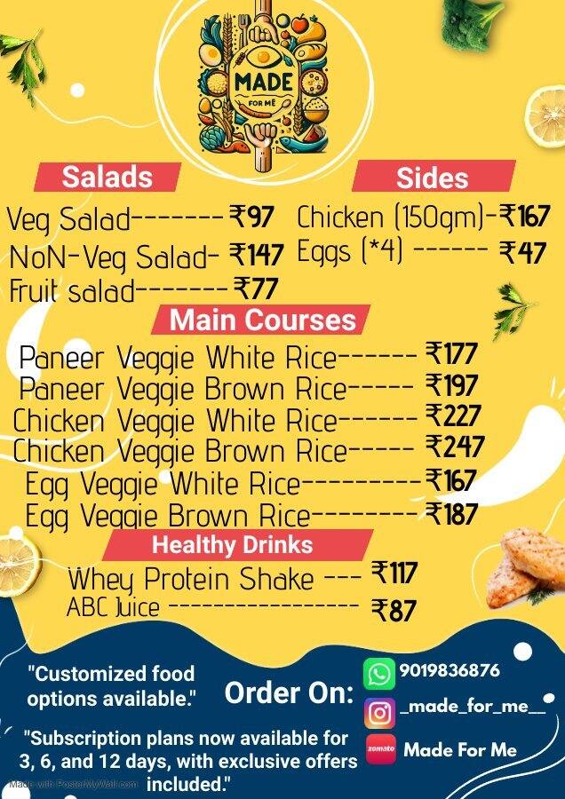 Menu of Made For Me, Basaveshwara Nagar, Bangalore
