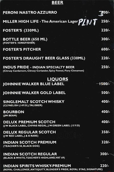 Menu at Fariyas Hotel Mumbai, Mumbai