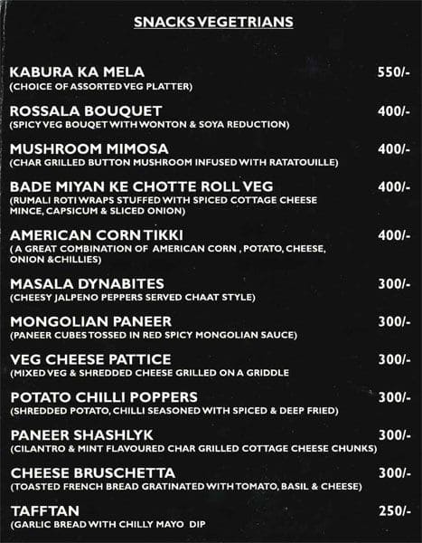 Menu at Fariyas Hotel Mumbai, Mumbai