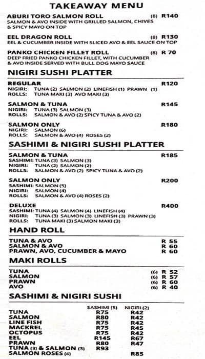Menu at Izakaya Matsuri restaurant, Cape Town